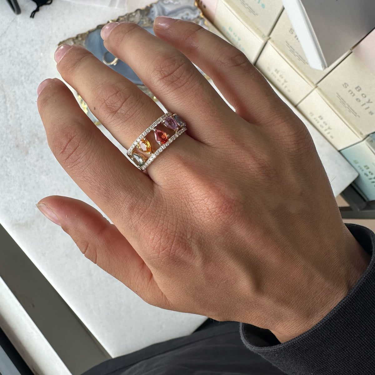 Pear Shaped Mixed Color & Pave Diamond Bands Ring – Velvet Box Jewels